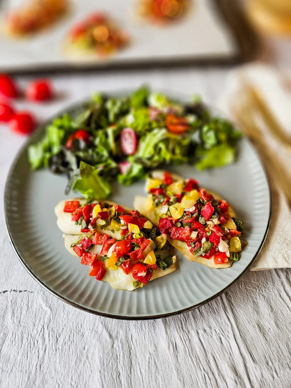 Poisson blanc au pesto, tomates et poivrons recette santé